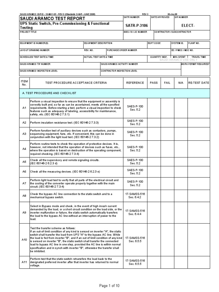 Saudi Aramco Test Report: SATR-P-3106 Elect-UPS Static Switch, Pre ...