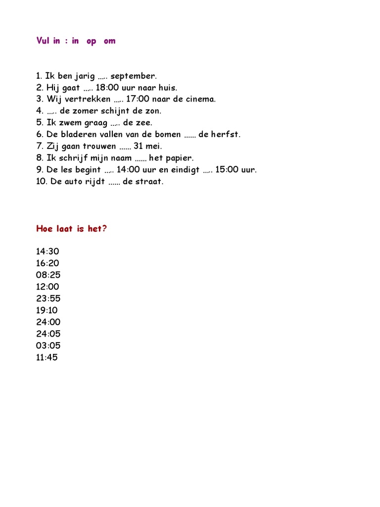 Oefening Voorzetsels en Klok | PDF
