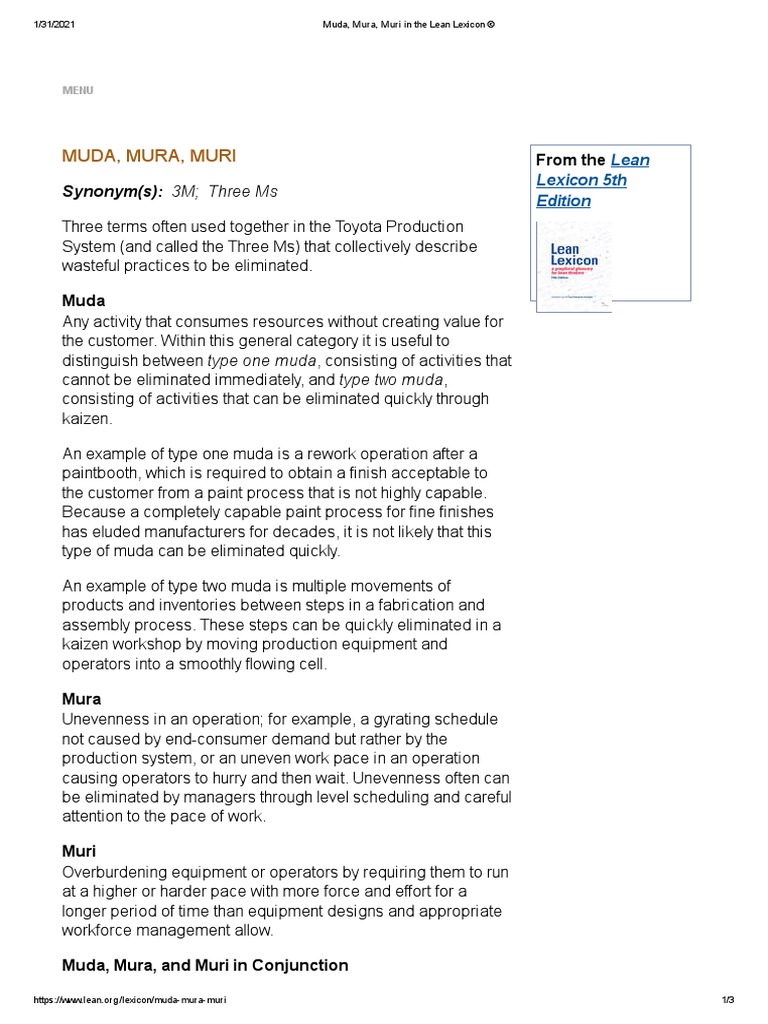 Muda, Mura, Muri in The Lean Lexicon © | PDF | Business Economics | Business Process