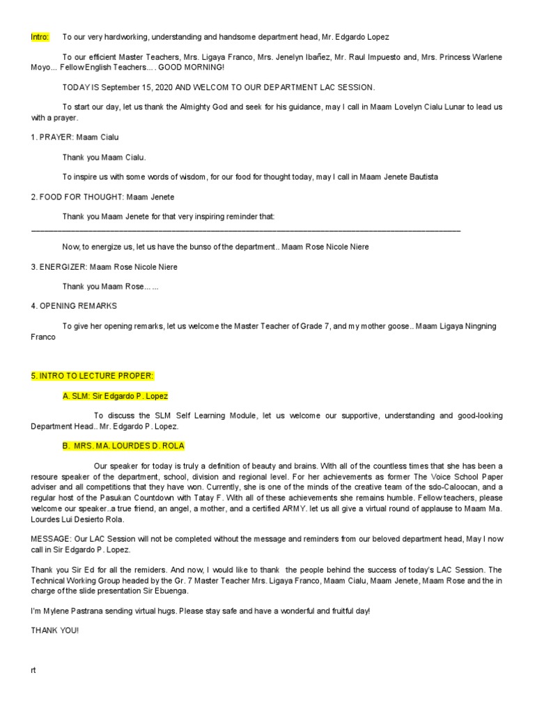 Lac Session Script | PDF