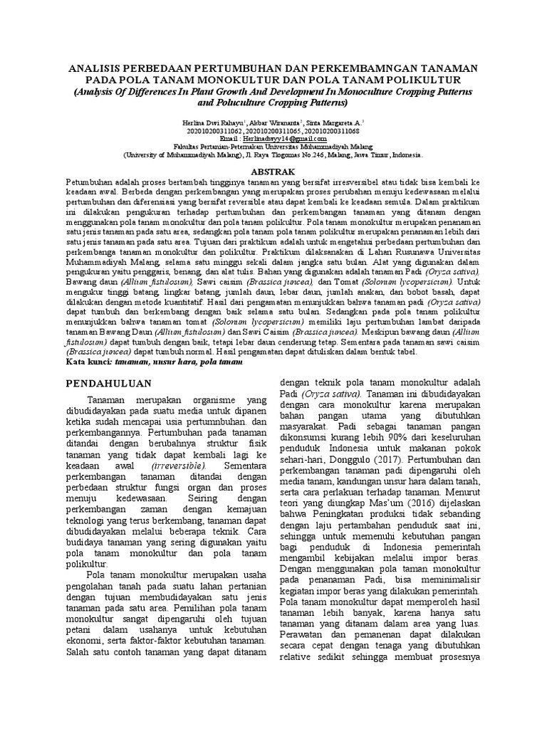 Jurnal Analisis Perbedaan Pertumbuhan Dan Perkembamngan Tanaman Pada Pola Tanam Monokultur Dan ...
