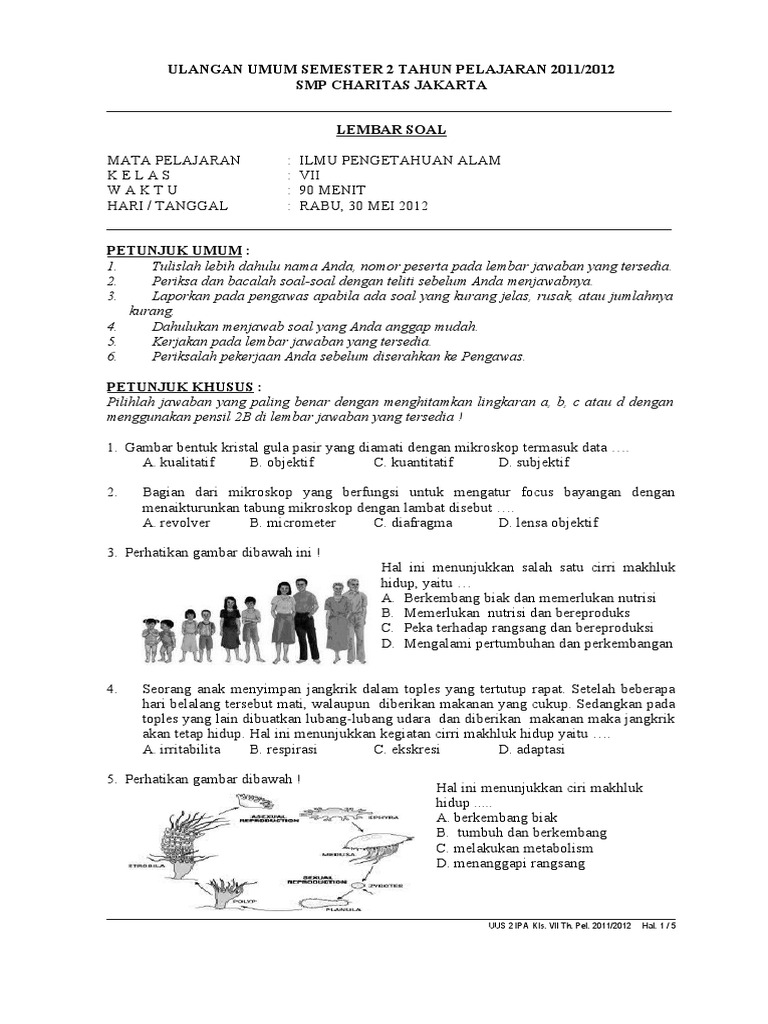 Ulangan Umum Semester 2 Tahun Pelajaran 2011/2012 SMP Charitas Jakarta | PDF