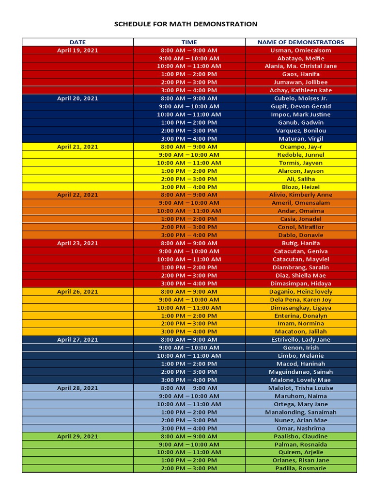 Math Demonstration Schedule 2021 | PDF