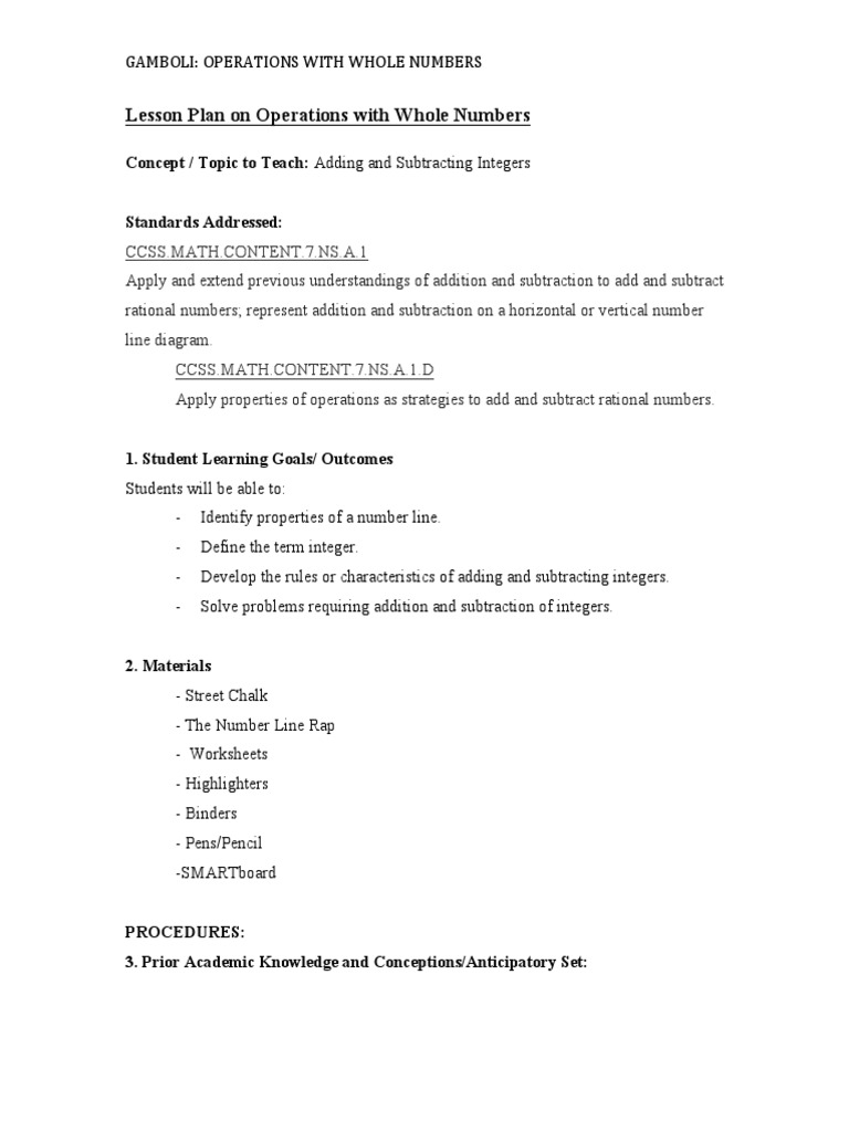 Lesson Plan On Operations With Whole Numbers: Concept / Topic To Teach ...