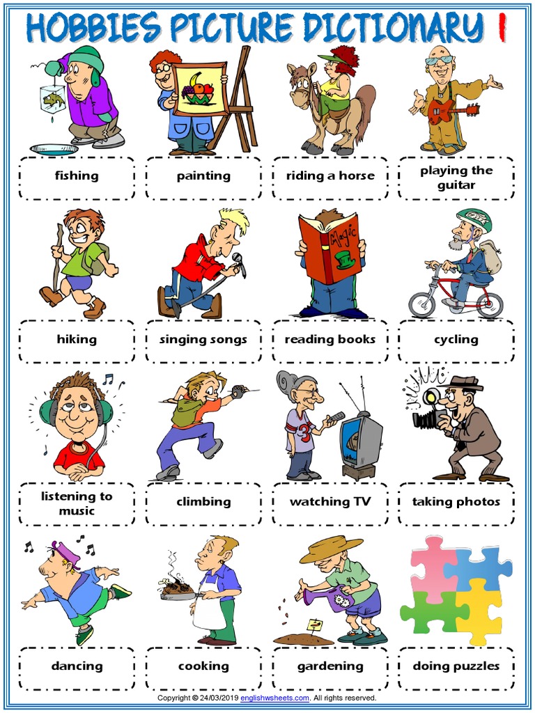 Hobbies Vocabulary Esl Picture Dictionary Worksheets For Kids | PDF ...