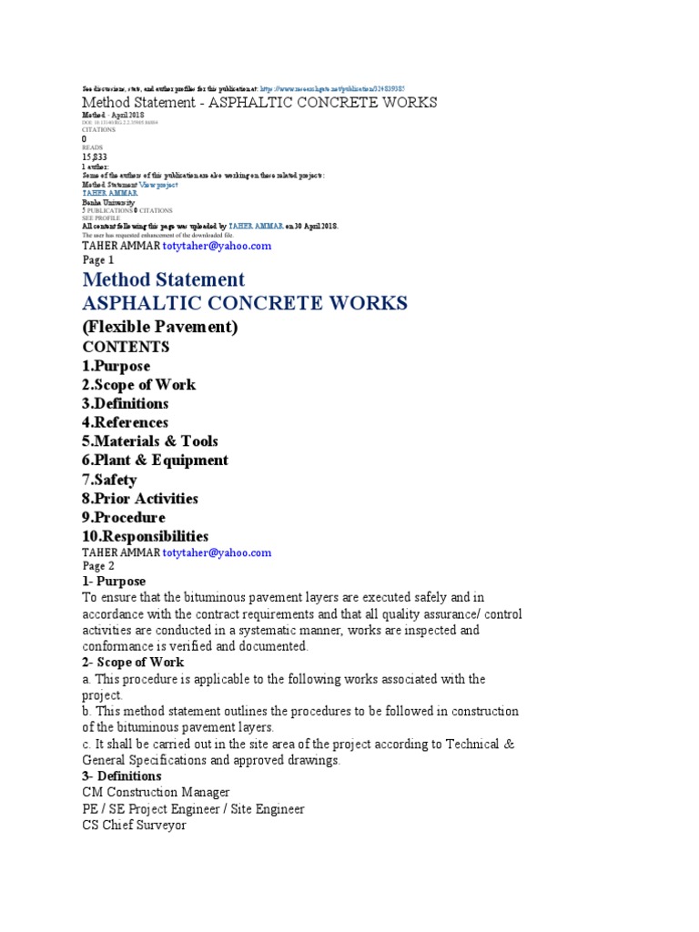 Method Statement For Asphalt Concrete Work | PDF | Road Surface | Asphalt