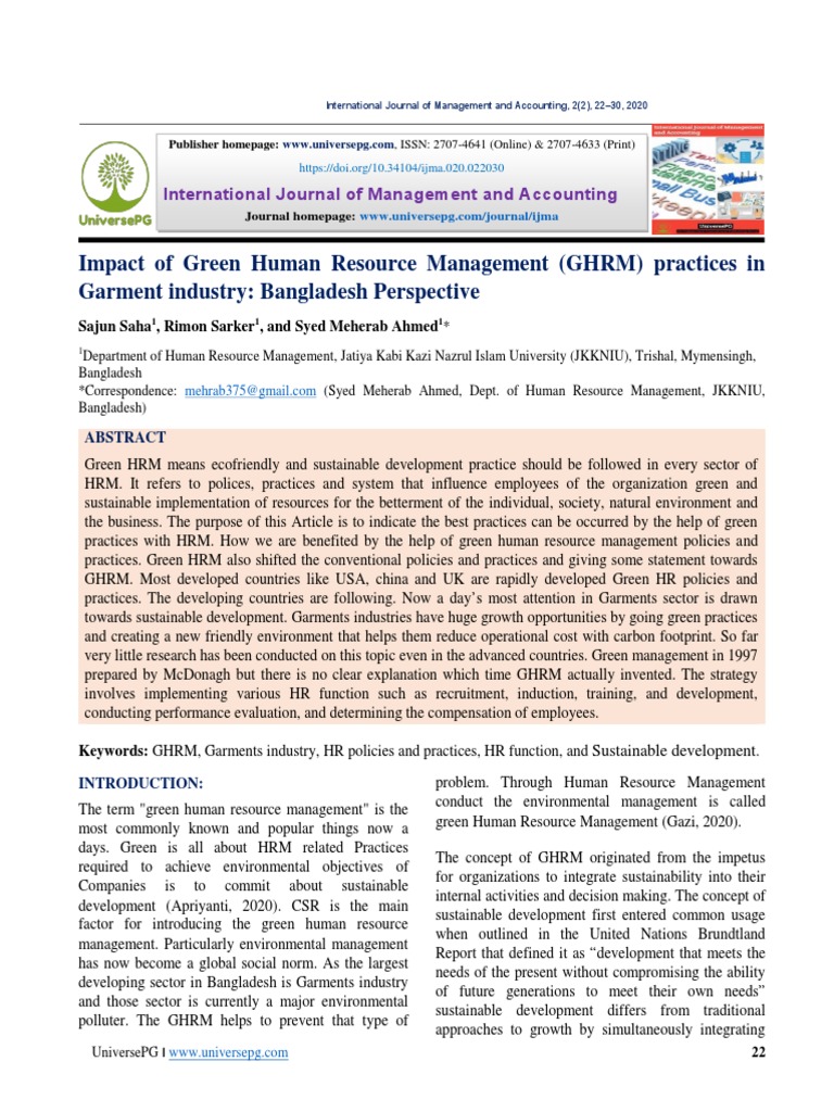 Impact of Green Human Resource Management (GHRM) Practices in Garment ...