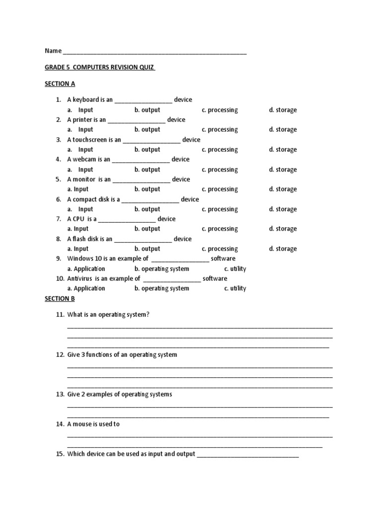 Grade 5 Computers Revision Quiz Section A | PDF | Input/Output | Operating System
