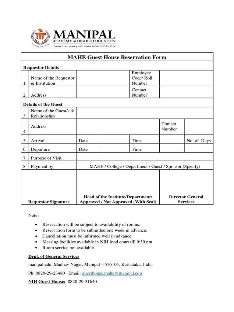 MAHE Guest House Reservation Form: Requestor Details | PDF