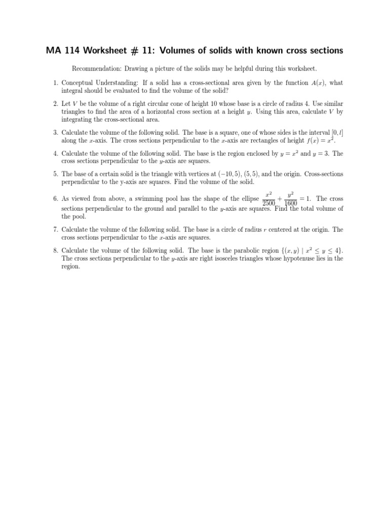 MA 114 Worksheet # 11: Volumes of Solids With Known Cross Sections ...