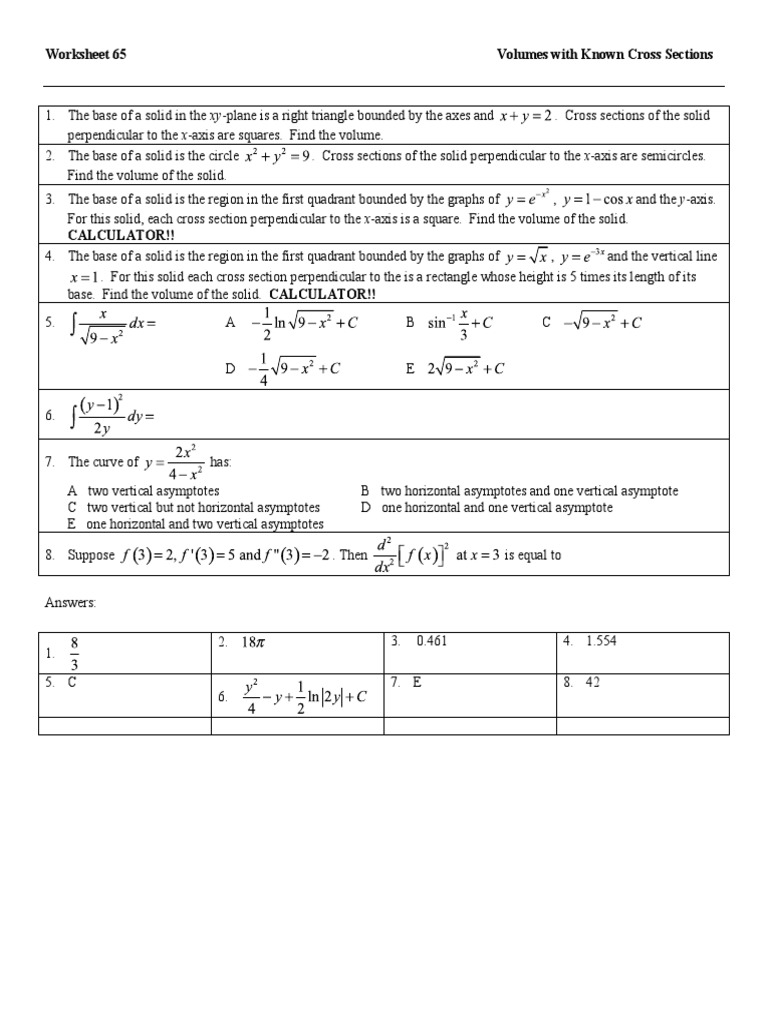 Worksheet 65 Volumes With Known Cross Sections | PDF | Teaching Methods ...