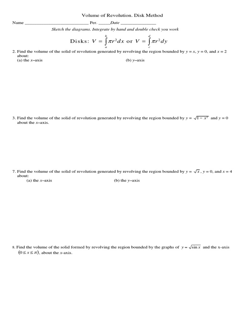 20 - Volume of Revolution Disk Method | PDF