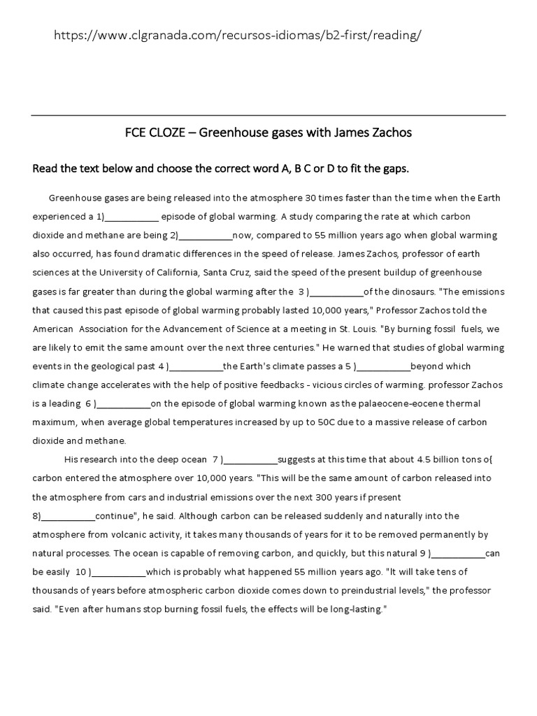 FCE CLOZE - Greenhouse gases with James Zachos | PDF | Climate Change ...