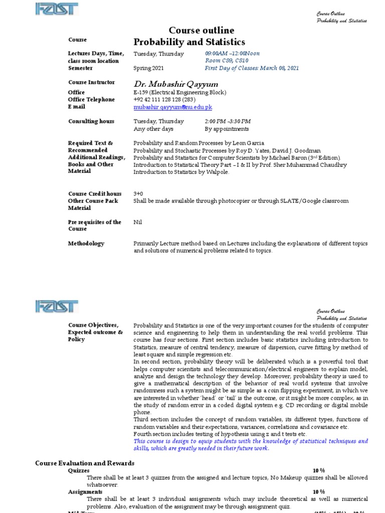 Course Outline - Probability & Statistics (05-03-2021) | PDF | Random ...