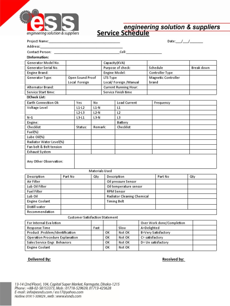 Service Schedule: Delivered By: Received by | PDF | Electric Generator ...