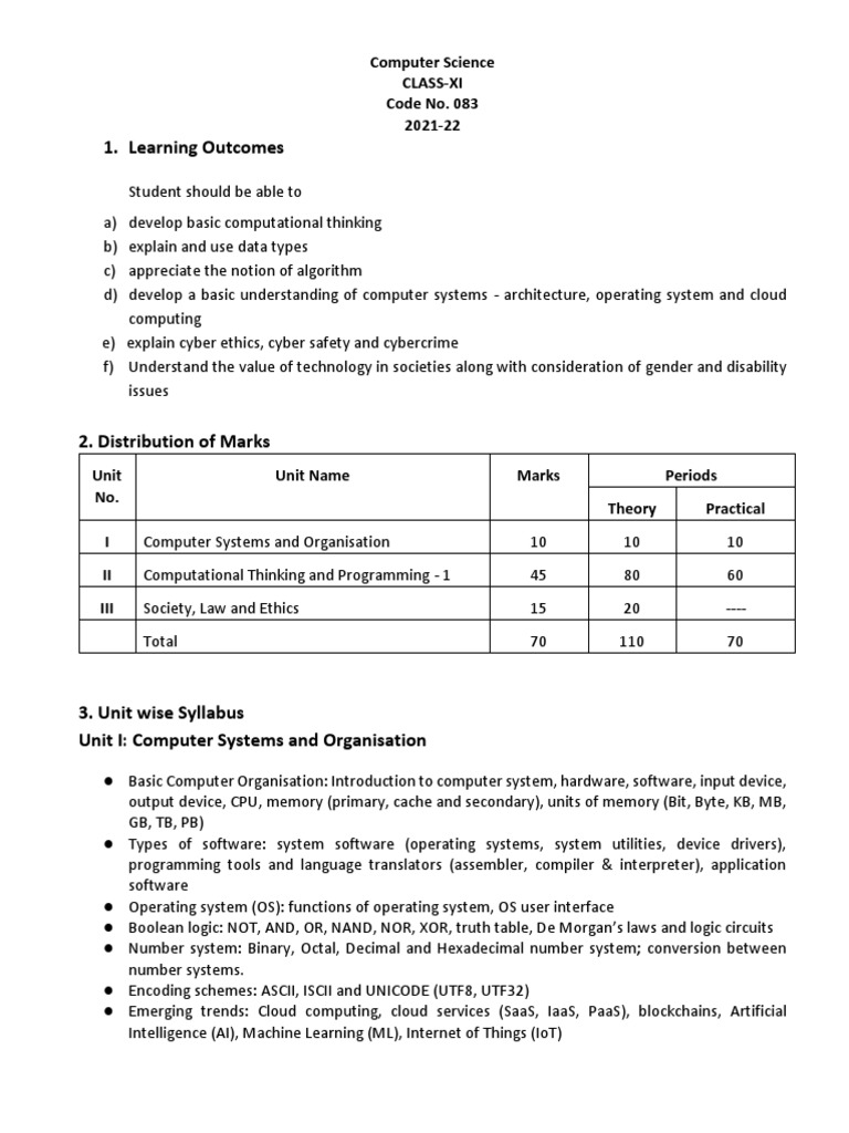 Learning Outcomes: Computer Science Class-Xi Code No. 083 2021-22 | PDF | Relational Model ...