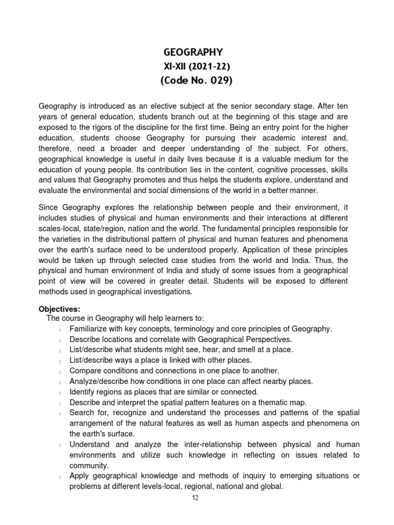 Geography (Code No. 029) : XI-XII (2021-22) | PDF | Geography | Map