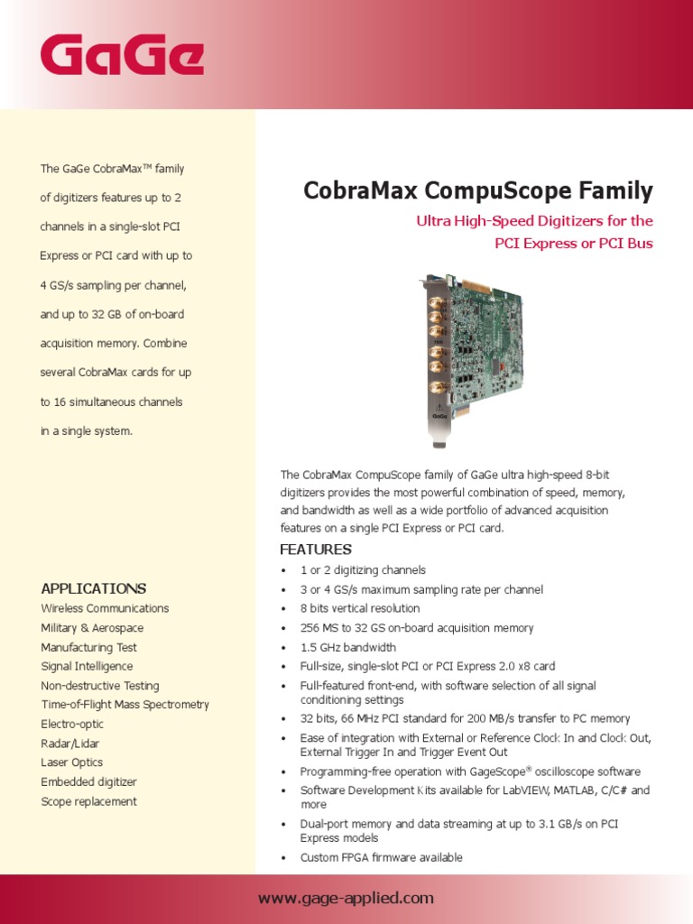 GaGe Digitizer CobraMaxCS PCI PCIe Data Sheet | PDF | Analog To Digital ...