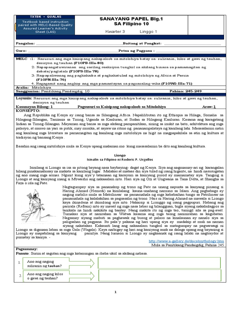 LAS Q3 Filipino 10 W1 | PDF