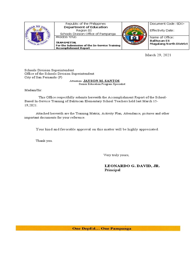 DepEd Transmittal for Document Submission | PDF | Philippines | Further ...