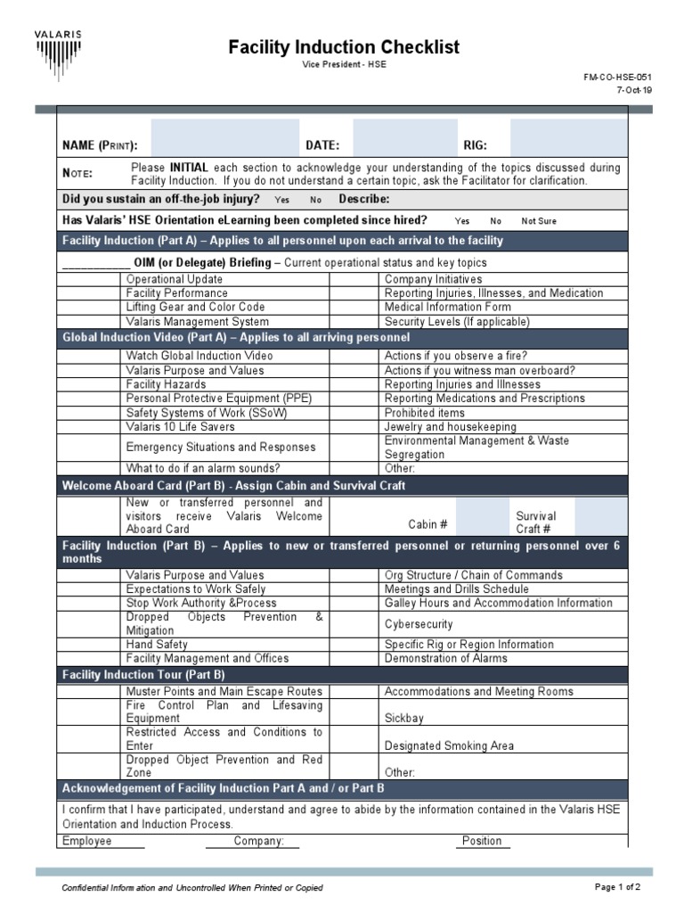 Facility Induction Checklist | PDF | Emergency Management | Safety