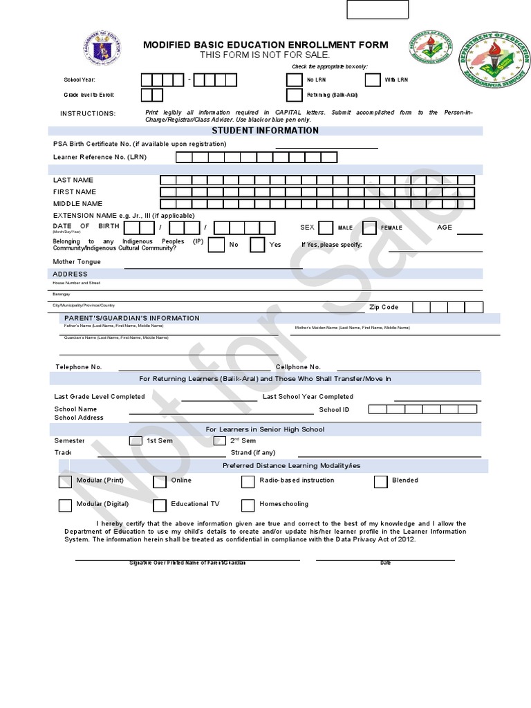 Modified Basic Education Enrollment Form: This Form Is Not For Sale. | PDF | Learning | Teaching ...