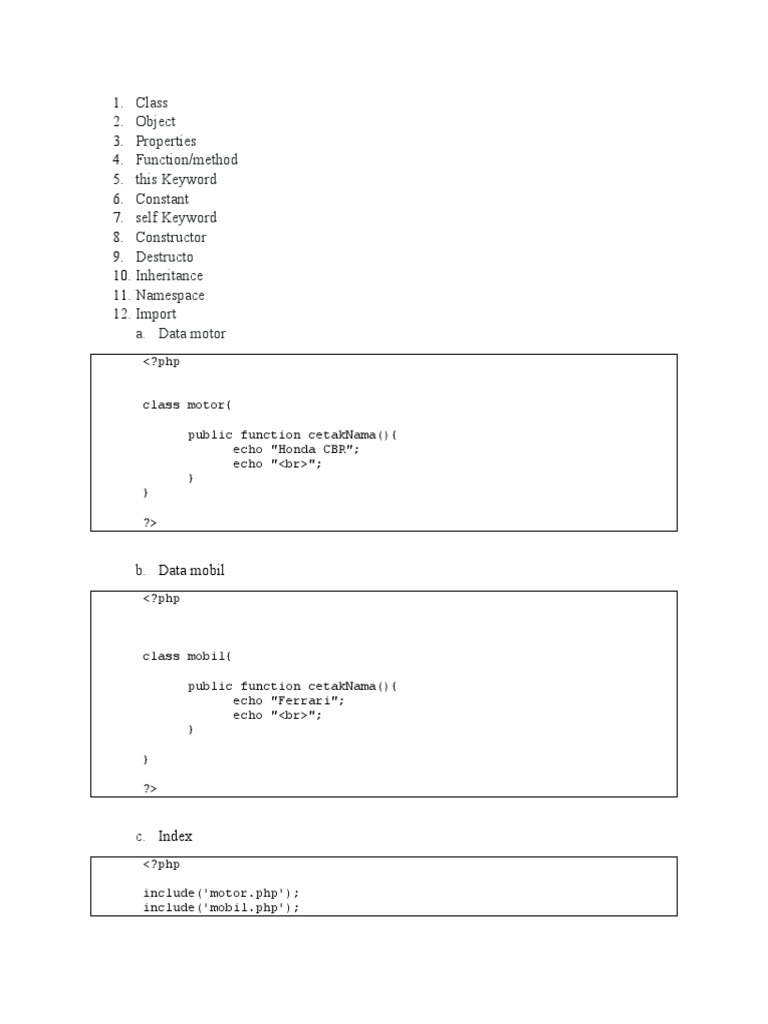 Class Object Properties Function Method This Keyword Constant Self Keyword Constructor Destructo