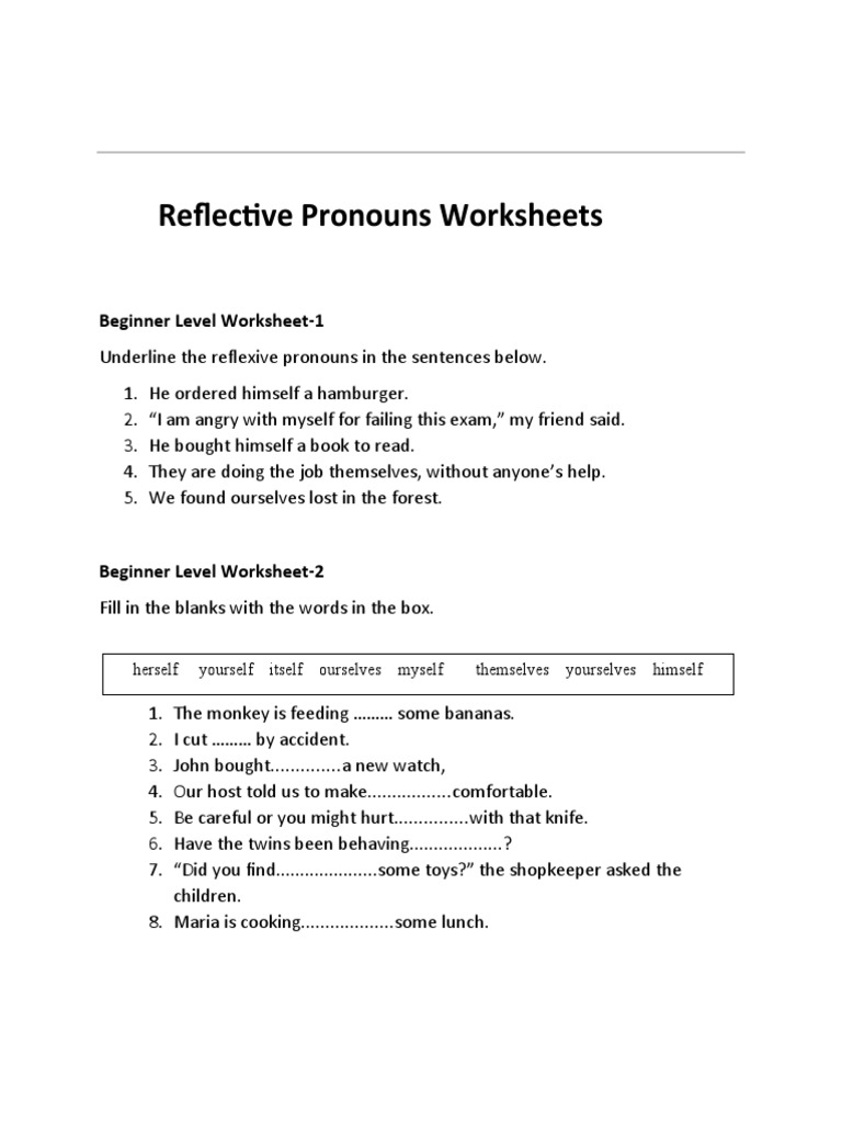 Reflective Pronouns Worksheets: Beginner Level Worksheet-1 | PDF