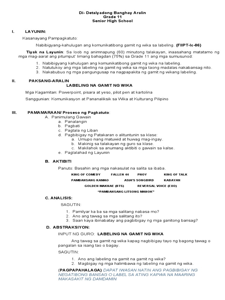 BANGHAY ARALIN SA FILIPINO LESSON EXEMPLAR 4s Day 1 | PDF