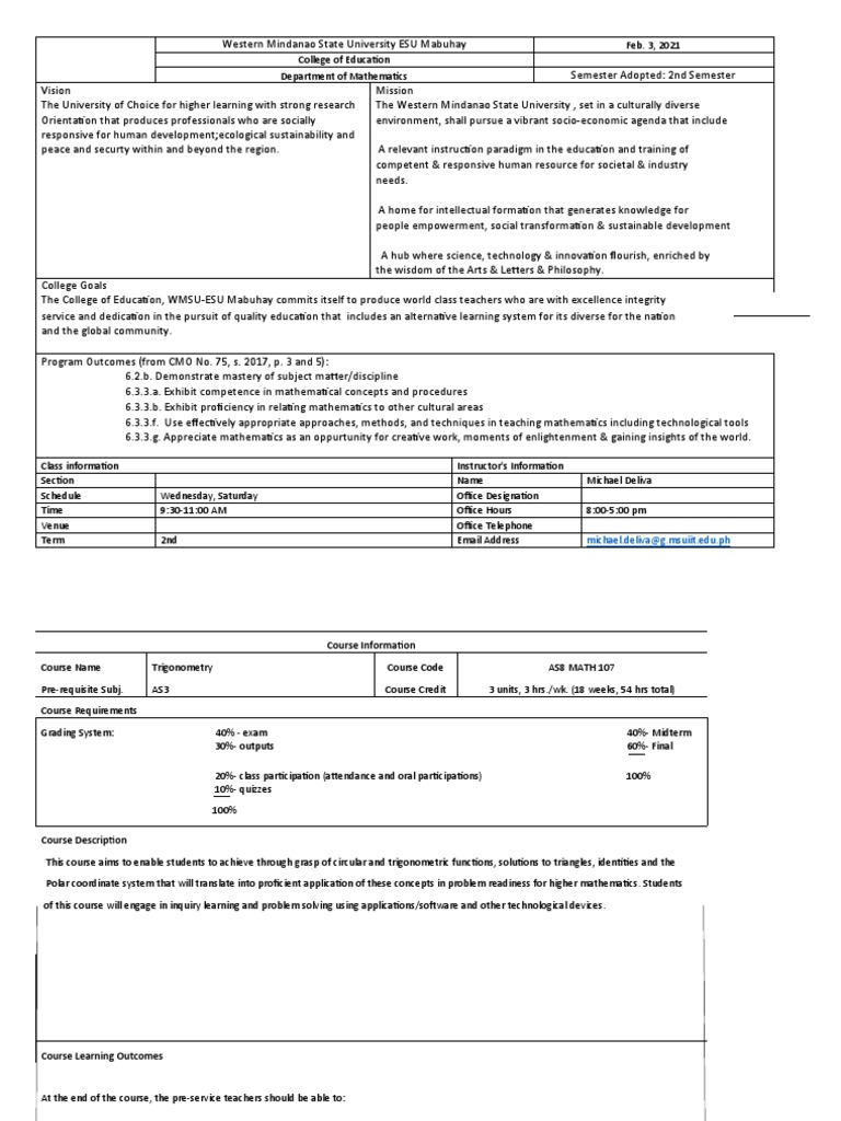 Trigonometry Syllabus | PDF | Trigonometric Functions | Elementary Geometry