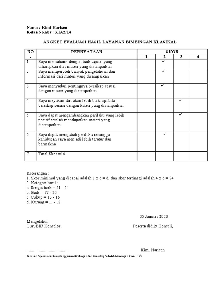 Angket Evaluasi Hasil Layanan Bimbingan Klasikal | PDF