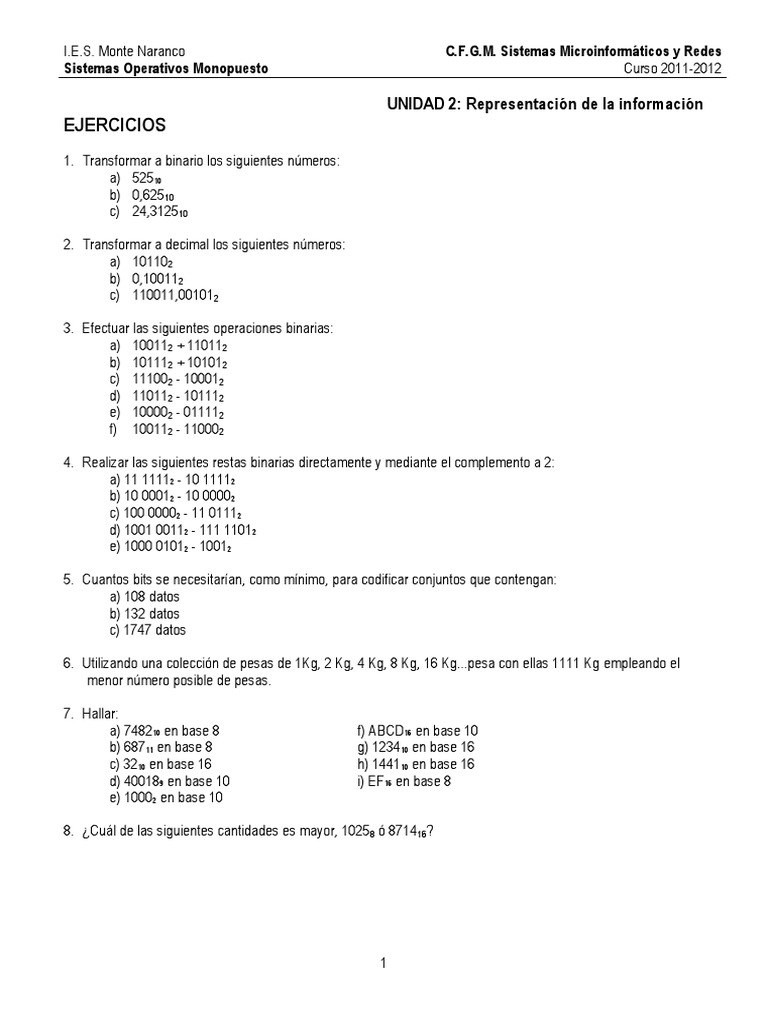 Ejercicios Sistemas de Numeracion | PDF | Poco | Byte