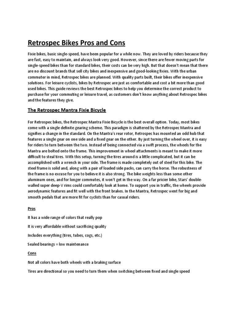 Retrospec Bikes Pros and Cons | PDF | Cycle Types | Vehicle Technology