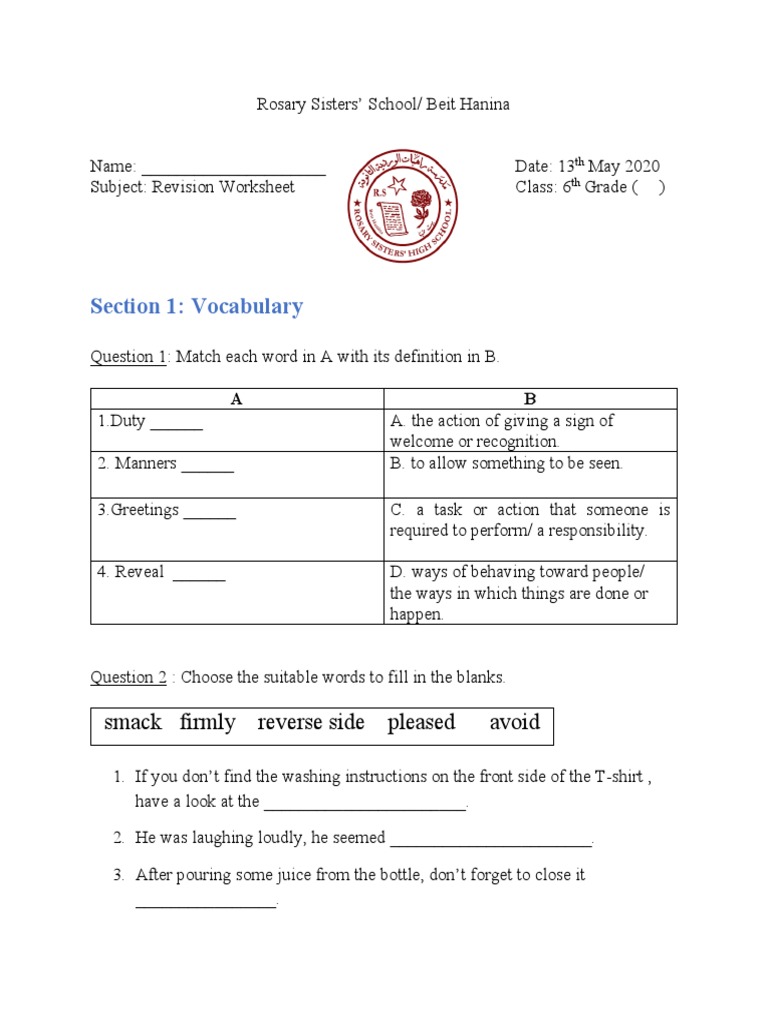 Revision Worksheet, 6th Grade | PDF | Adjective | Linguistic Morphology