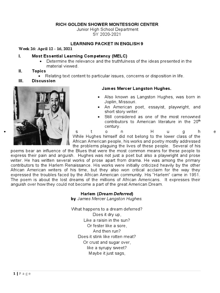 Aranez - English 9 - Learning Packets Week 26 | PDF | Harlem ...