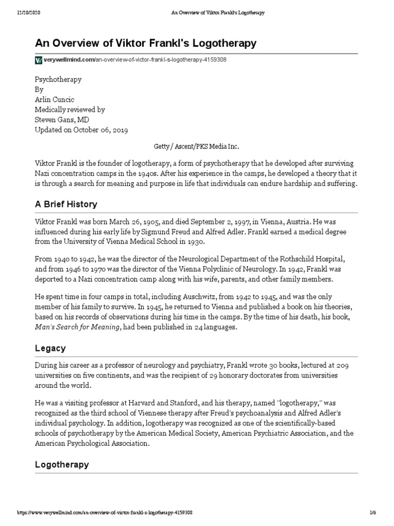 An Overview Of Viktor Frankl S Logotherapy Pdf Applied Psychology