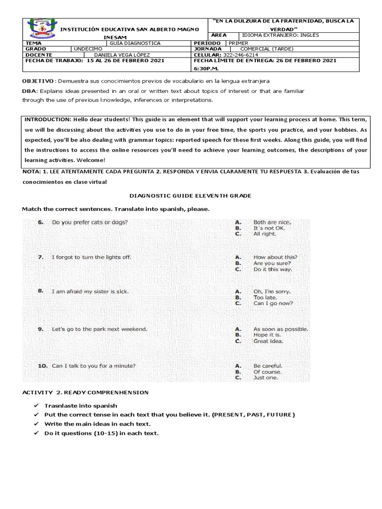 Diagnostic Guide Eleventh Grade 20211 | PDF | Idiomas