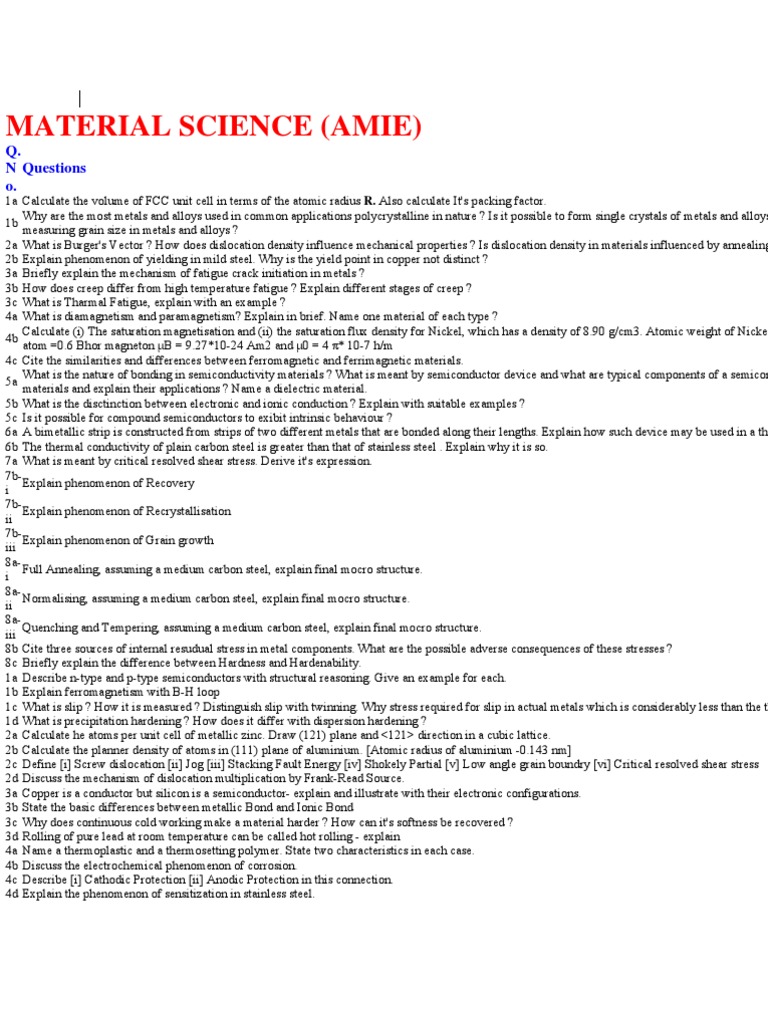 Material Science Exam Questions & Concepts | PDF | Deformation ...