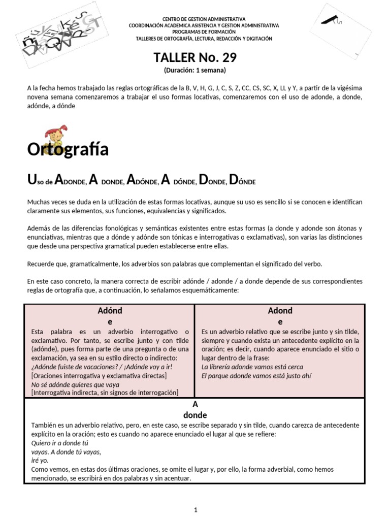 TALLER No. 29 Donde Adónde | PDF | Adverbio | Oración (Lingüística)