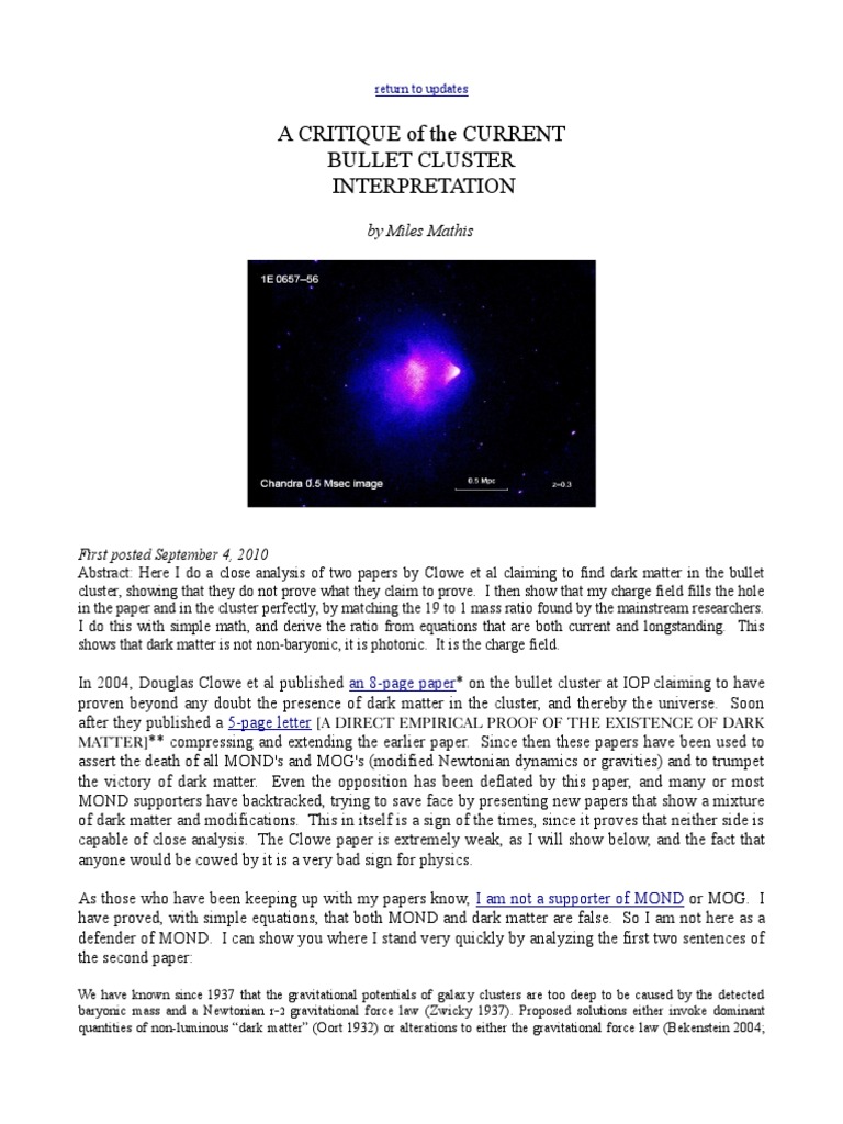 A Critique of The Current Bullet Cluster Interpretation by Miles Mathis ...