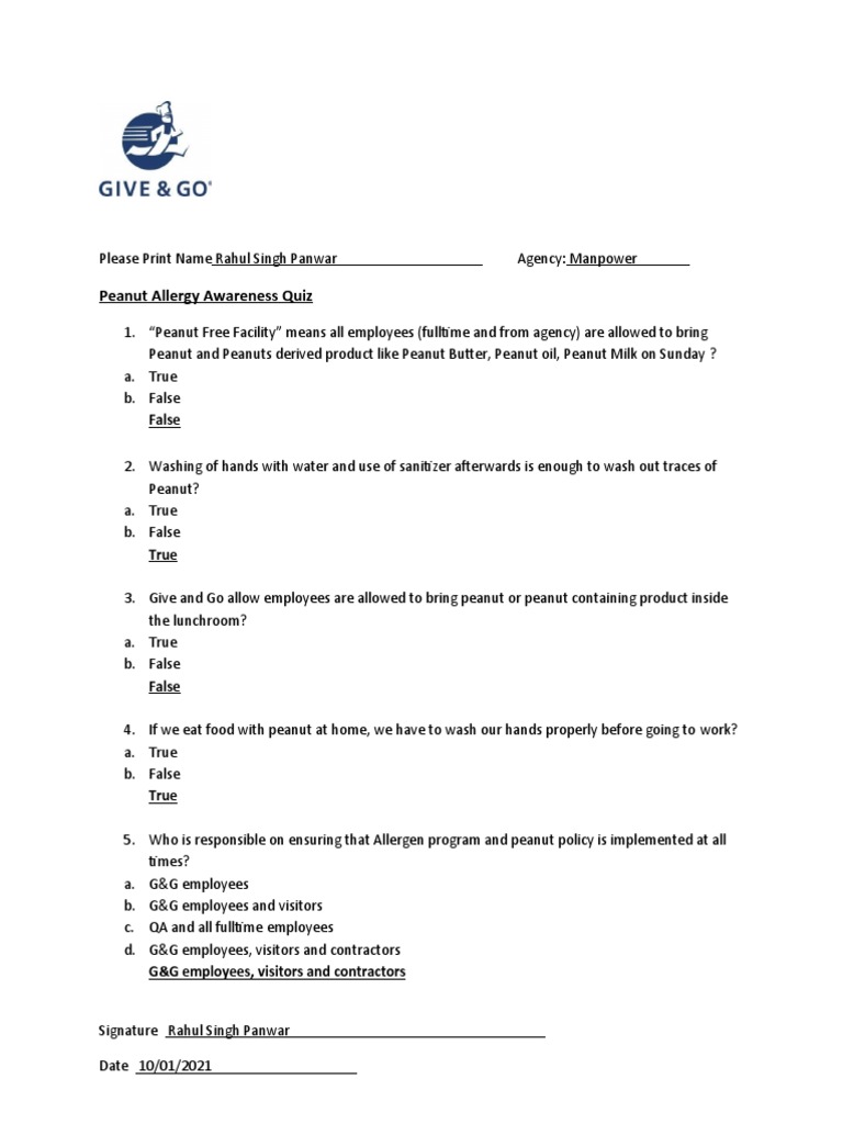 5 - Peanut Allergy Awareness Quiz | PDF
