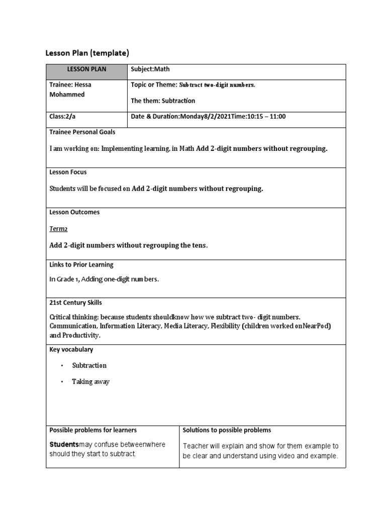 Lesson Plan Subtract Two-Digit Number | PDF | Lesson Plan | Behavior ...