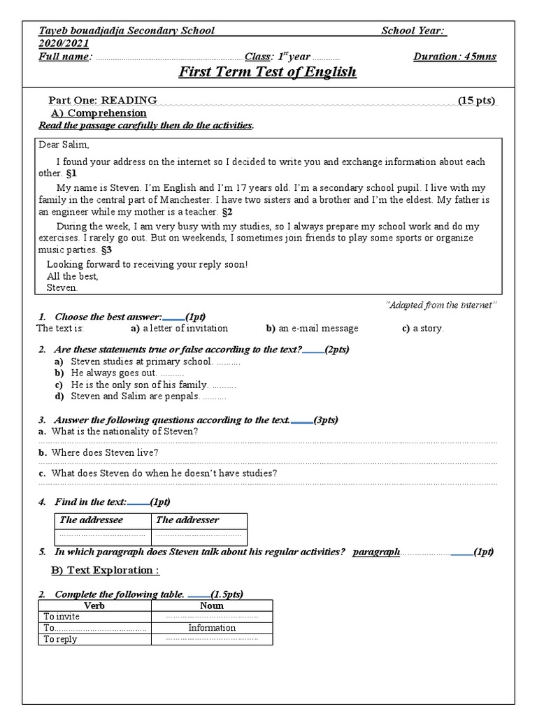 1st Term Test 2021 (Year One) | PDF | Human Communication | Linguistics