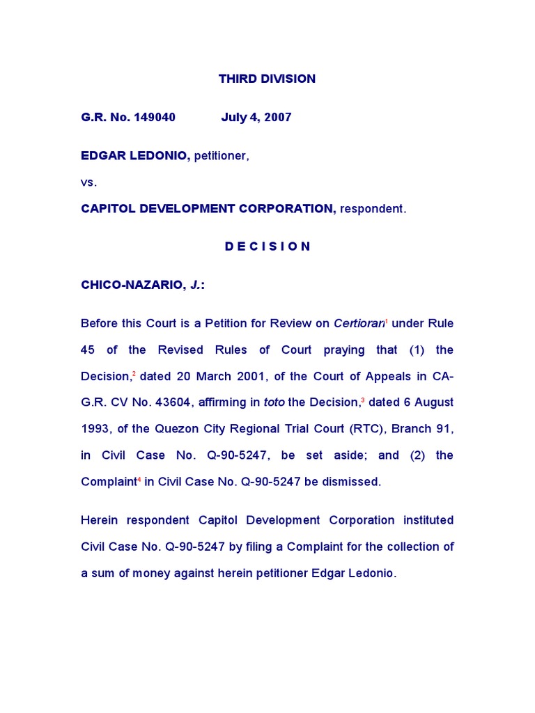 Ledonio vs. Capitol Devt Corp | PDF | Assignment (Law) | Legal Concepts