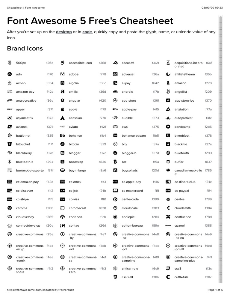 Font Awesome 5 Free's Cheatsheet: Brand Icons | PDF | Typography | Software