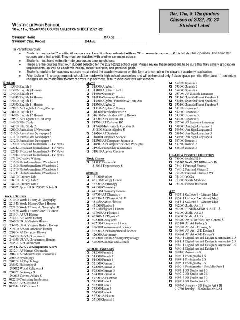10th Grade Course Sheet 2021-22 | PDF | Science, Technology ...