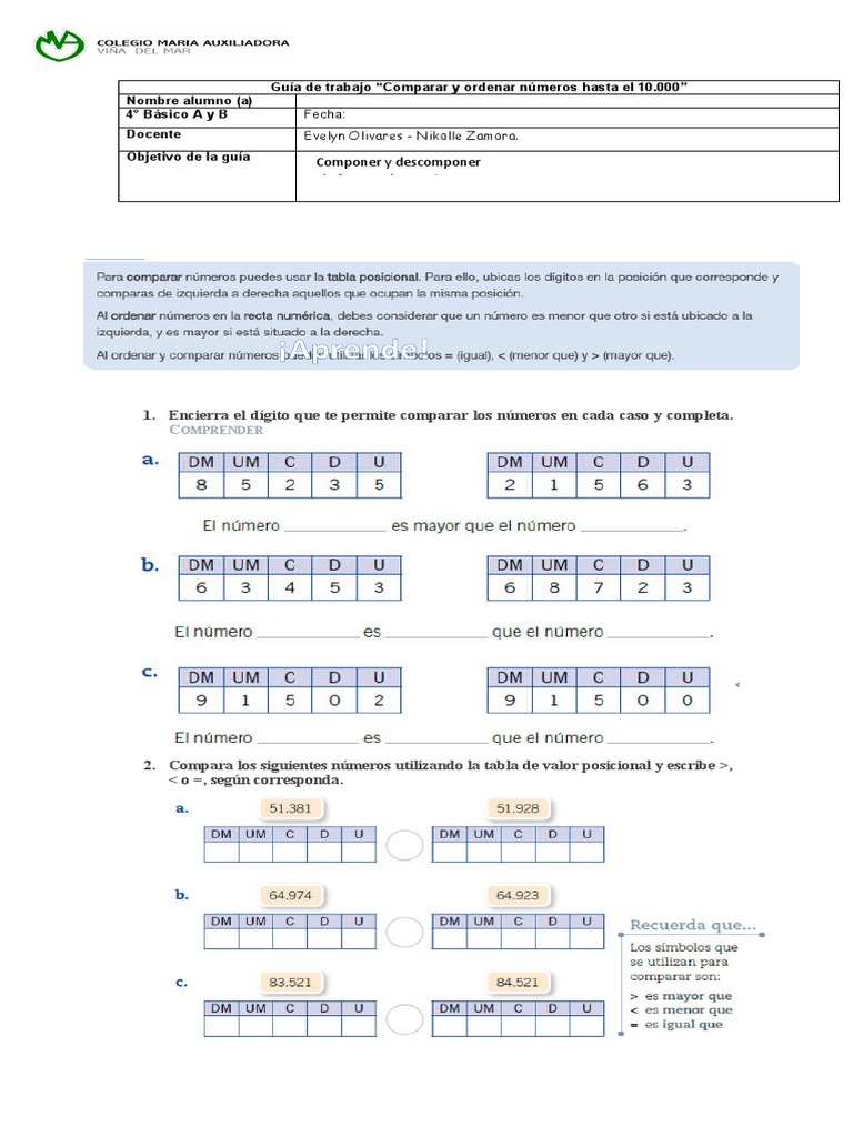 Guía de Trabajo "Comparar y Ordenar Números Hasta El 10.000" | PDF