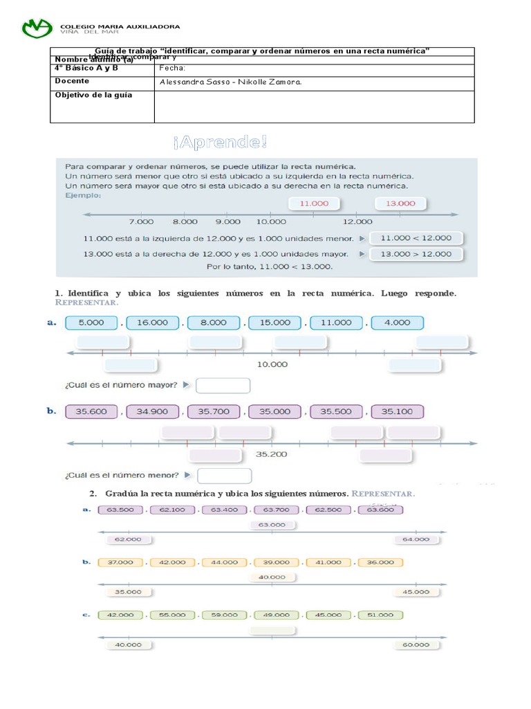 Guía para identificar, comparar y ordenar números en una recta numérica ...