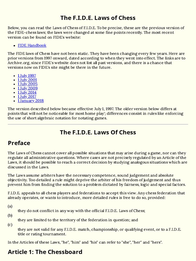 The F.I.D.E. Laws of Chess: FIDE Handbook | PDF | Traditional Board ...