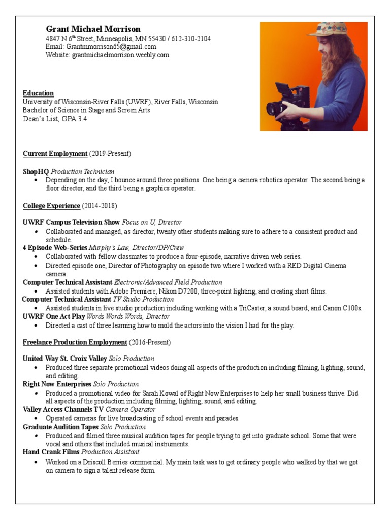 Grant Michael Morrison: Dean's List, GPA 3.4 | PDF | Camera | Television